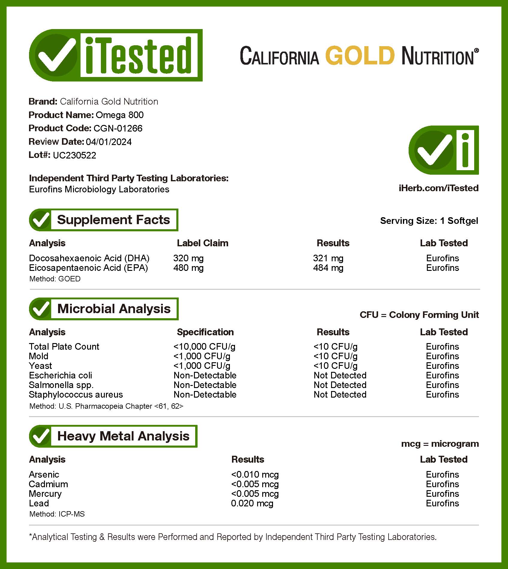 California Gold Nutrition, Omega 800 Ultra-Concentrated Omega-3 Fish ...